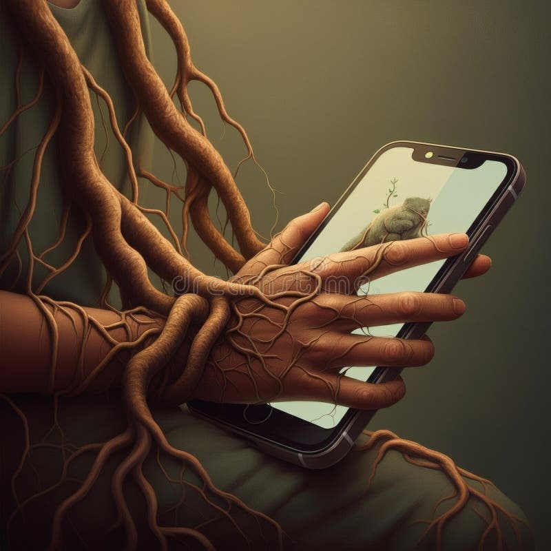 Hand Holding Smartphone with Tree Roots Growing from Screen Representing Technology Dependence ...
