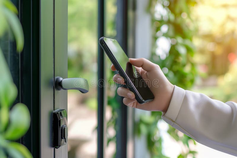 Hand Holding Smartphone Unlocking the Smart Door, Smart Home, Opening ...