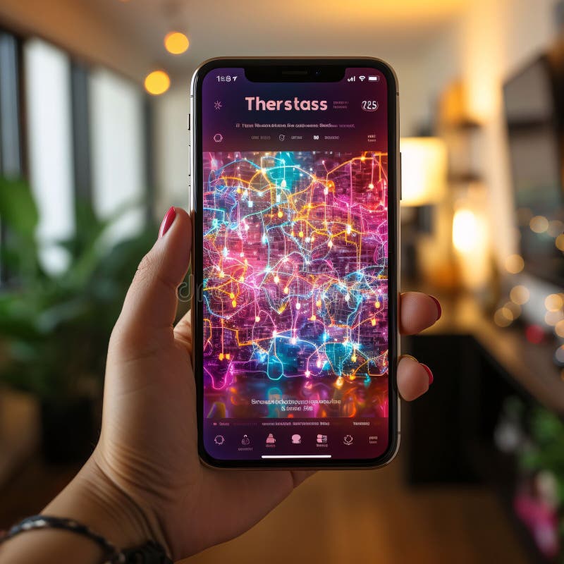 Hand Holding Smartphone with Vibrant Network Graphics Stock ...