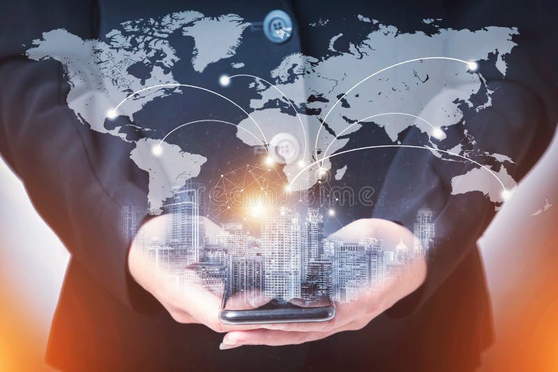 Hand Holding Smartphone with Worldwide Network Connection Technology ...
