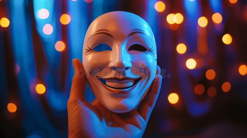 Hand Holding Smiling White Theater Mask in Vibrant Lighting. Concept of ...