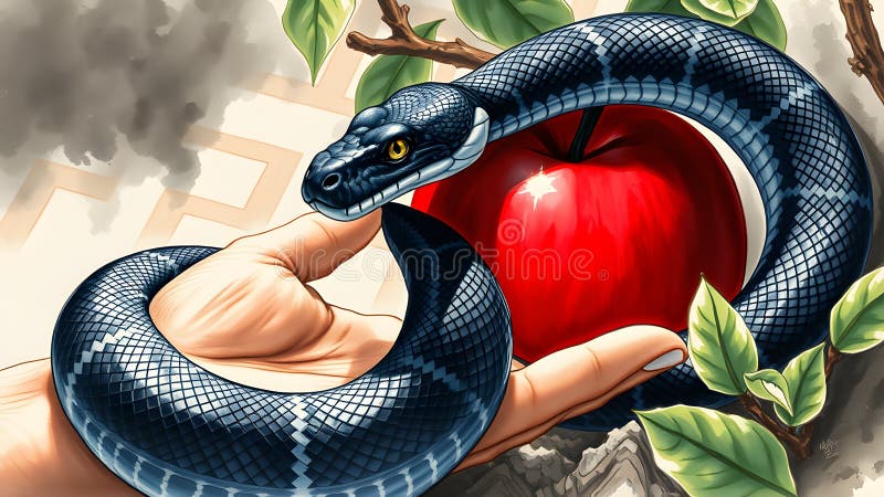 A Hand Holding a Snake and an Apple Stock Illustration - Illustration ...