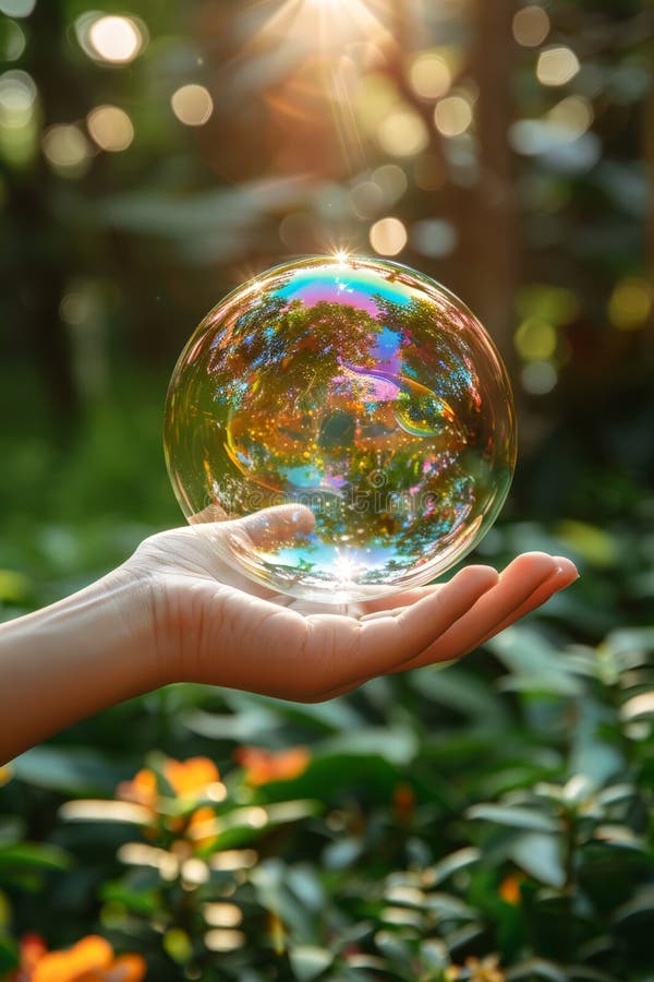 Hand Holding a Soap Bubble with a Reflection and Sunlight Flare. Stock ...