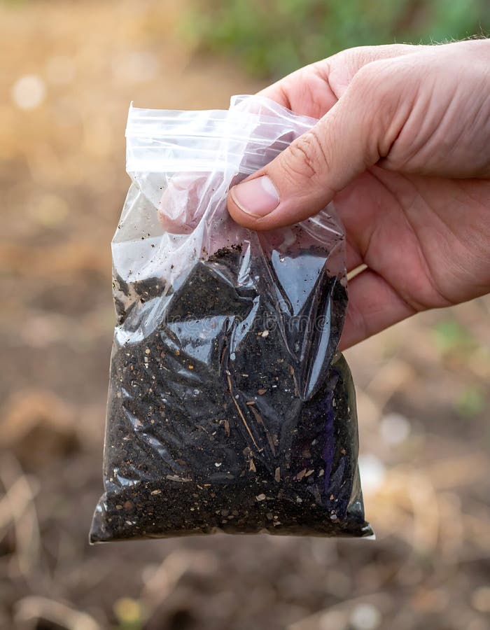 Hand Holding Soil Sample in a Plastic Bag. Concept for Gardening ...