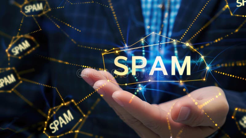 Hand Holding Spam Concept with Digital Network Lines on Dark Background ...