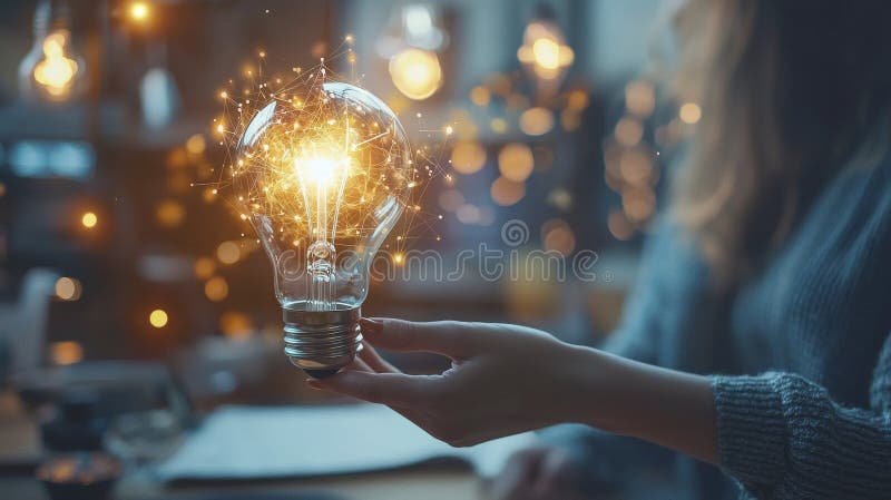 Hand Holding a Sparkling Bulb with Bright Connections Stock ...