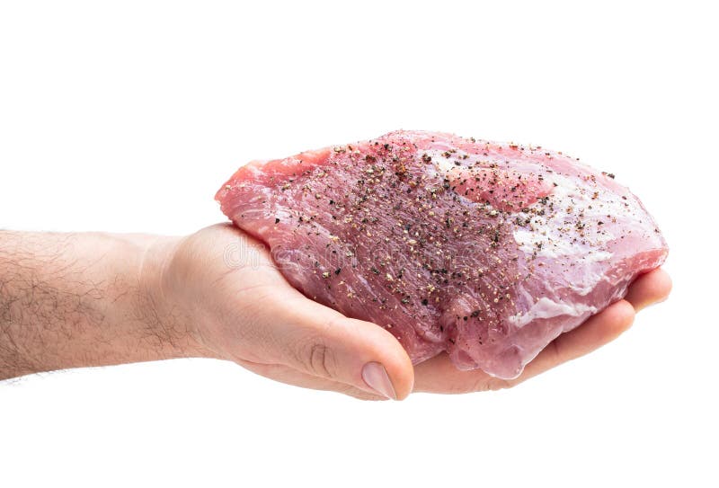Hand Holding Spiced Pork Meat Slice Isolated on White Background Stock ...