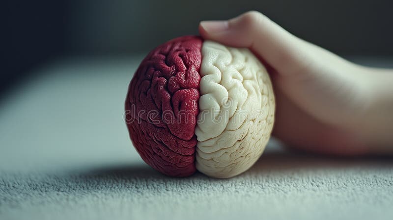 Hand Holding a Split Brain Model, Half Red and Half White, Symbolizing ...
