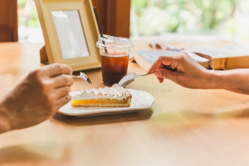 Hand Holding Spoon Eating Cake in Cafe. Stock Image - Image of eating ...