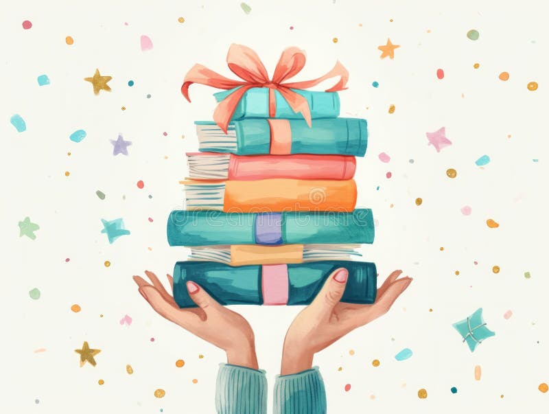 Hand Holding Stack of Books with Ribbons and Bows. Illustration Stock ...