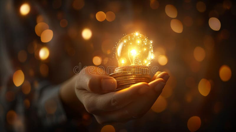 Hand Holding Stack Coins with Glowing Light Bulb on Top, Motivation ...