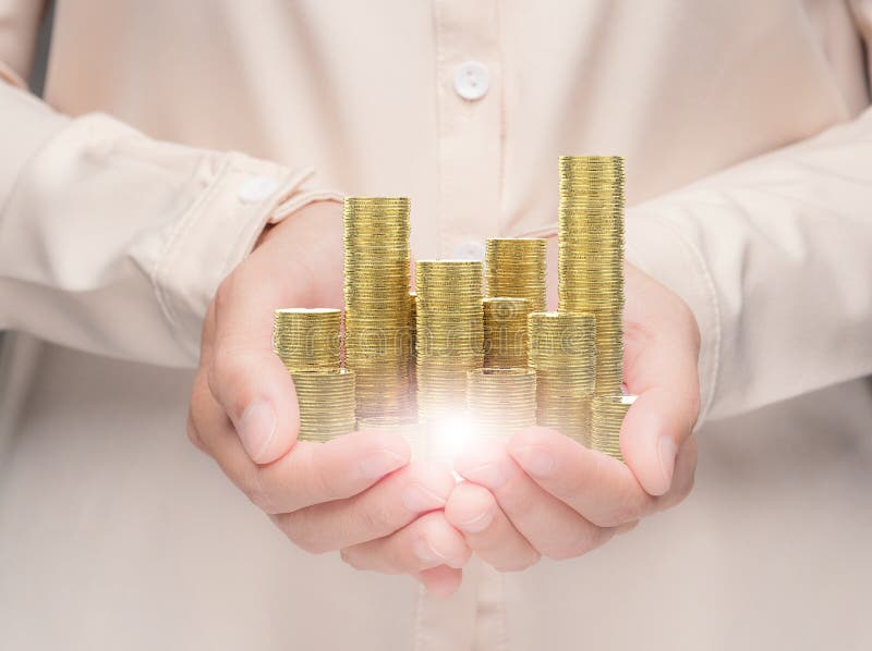 Hand Holding Stack of Gold Coins Stock Illustration - Illustration of ...