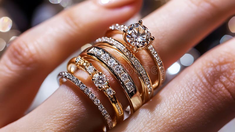 Hand Holding Stack Rings Including Diamond Engagement Ring Stock Photos ...