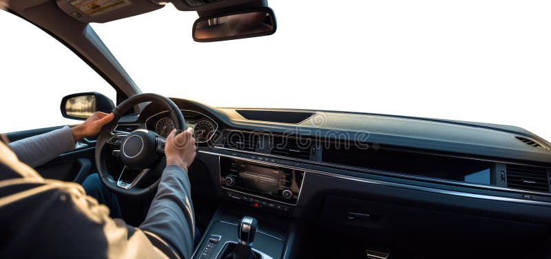 Hand Holding the Steering Wheel. Generic Car Panel. Driver S Point of ...