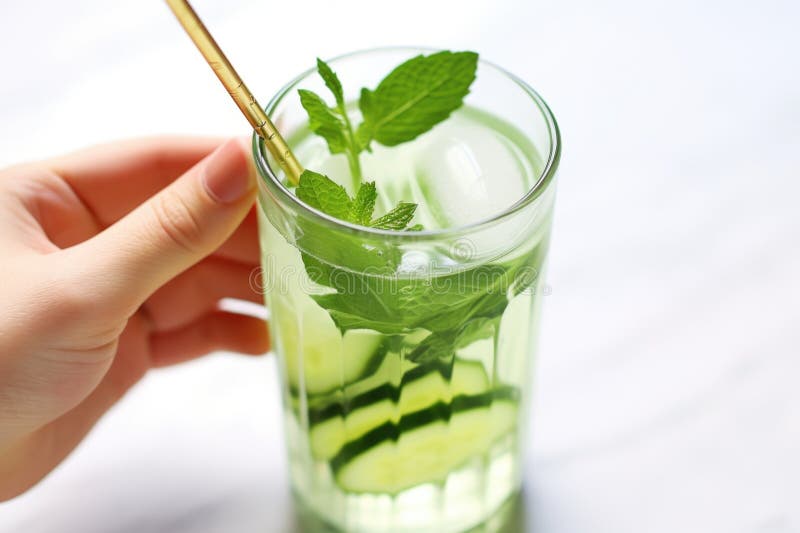 Hand Holding a Straw in a Glass of Cucumber Mint Water Stock Photo ...