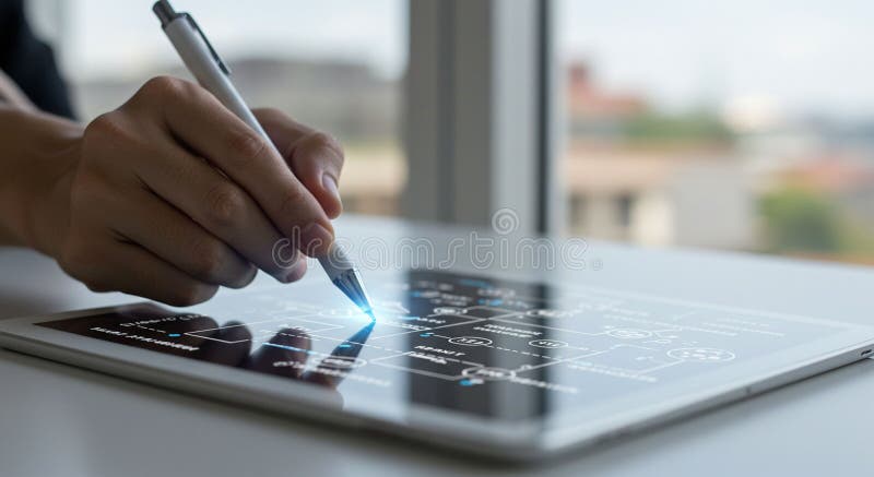A Hand Holding a Stylus is Interacting with a Digital Tablet. the ...