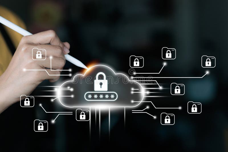 A Hand Holding a Stylus Pen Points To a Cloud Icon with a Key Stock ...