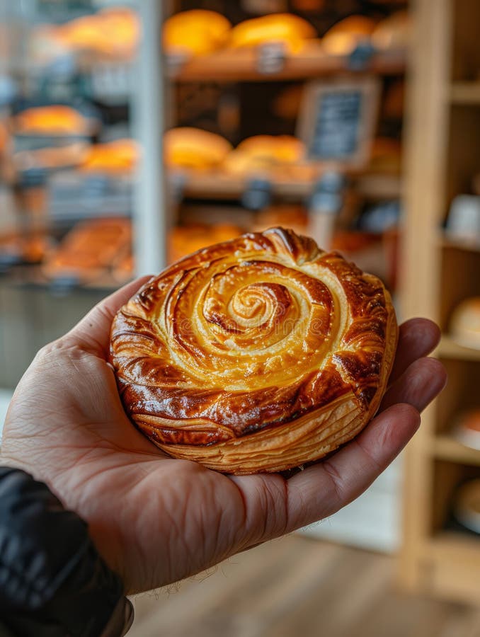 Hand Holding a Swirl Pastry in Front of a Bakery Shelf. Stock Image ...