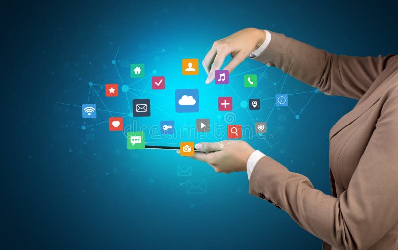 Hand Holding Tablet and Application Icons Above Stock Photo - Image of ...