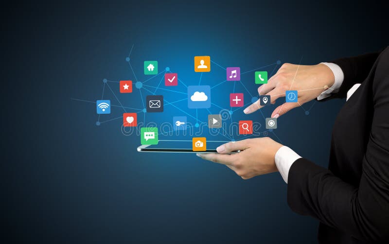 Hand Holding Tablet and Application Icons Above Stock Image - Image of ...