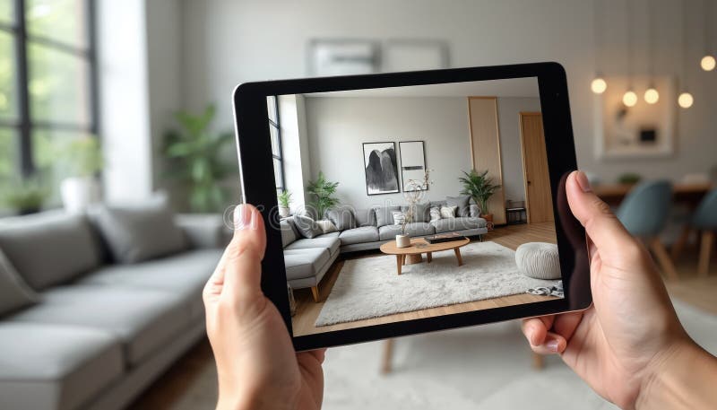 Hand Holding Tablet with Augmented Reality Home Interior Design ...