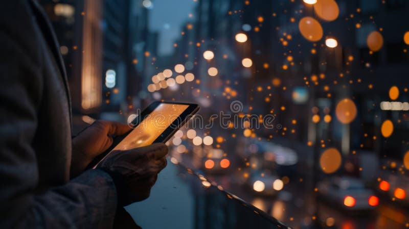 Hand Holding Tablet in City.AI Generated Image Stock Image - Image of ...