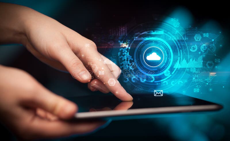 Hand Holding Tablet with Cloud System Concept Stock Photo - Image of ...