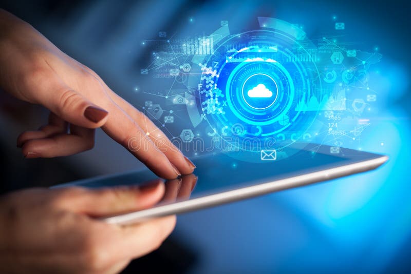 Hand Holding Tablet with Cloud System Concept Stock Image - Image of ...