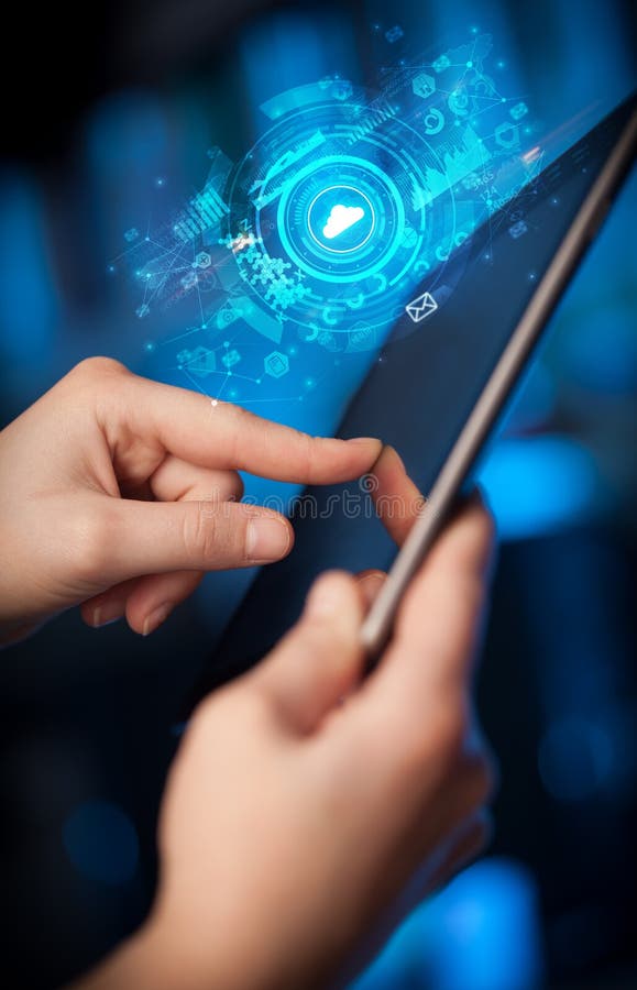 Hand Holding Tablet with Cloud System Concept Stock Photo - Image of ...