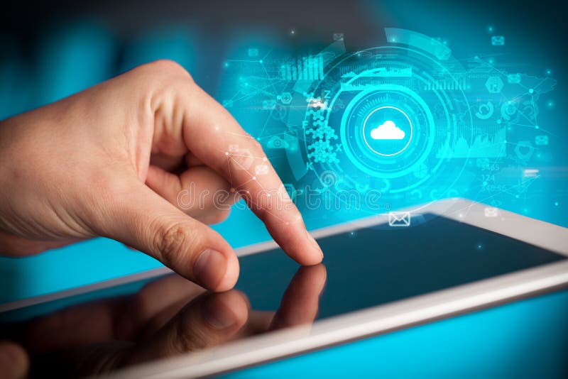 Hand Holding Tablet with Cloud System Concept Stock Image - Image of ...