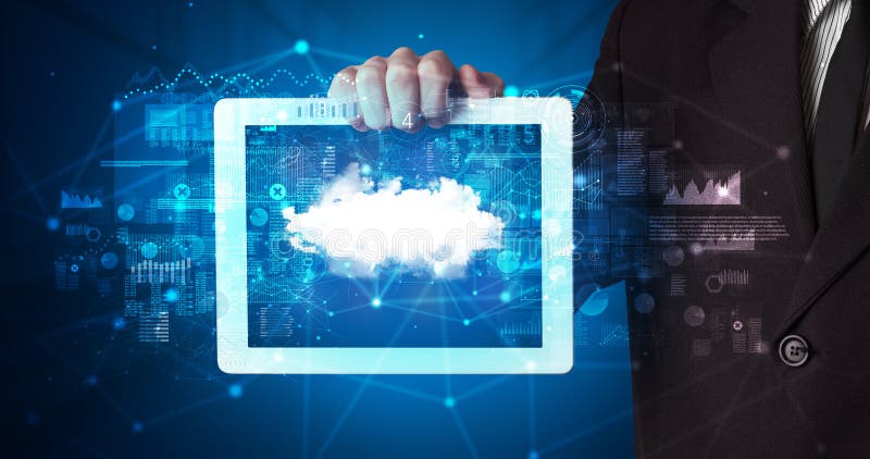 Hand Holding Tablet with Cloud Technology Concept Stock Image - Image ...