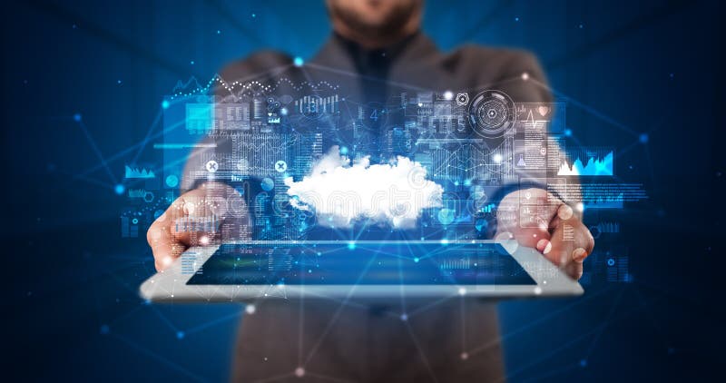 Hand Holding Tablet with Cloud Technology Concept Stock Image - Image ...