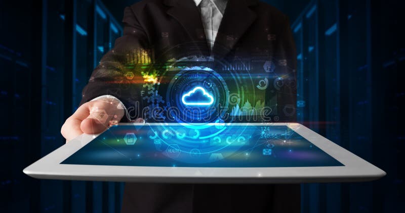 Hand Holding Tablet with Cloud Technology Concept Stock Image - Image ...
