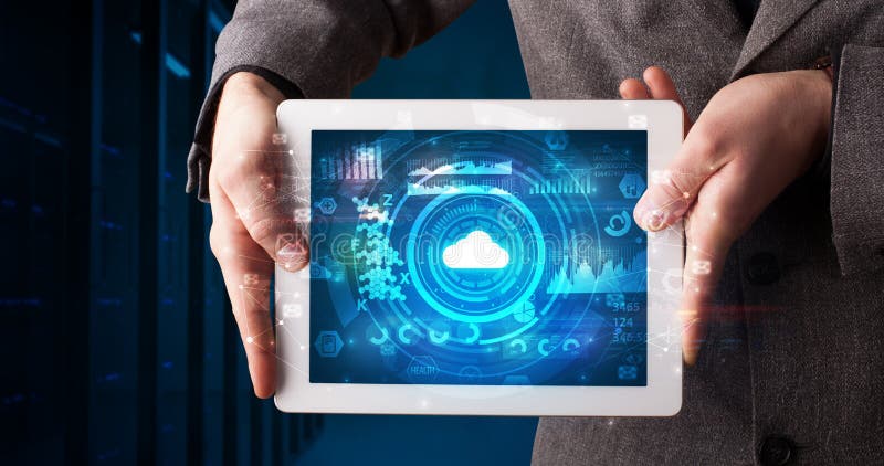 Hand Holding Tablet with Cloud Technology Concept Stock Photo - Image ...