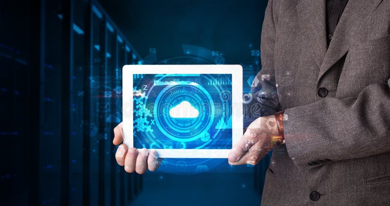 Hand Holding Tablet with Cloud Technology Concept Stock Image - Image ...