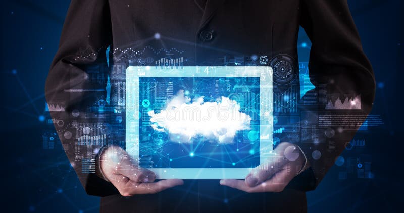 Hand Holding Tablet with Cloud Technology Concept Stock Image - Image ...