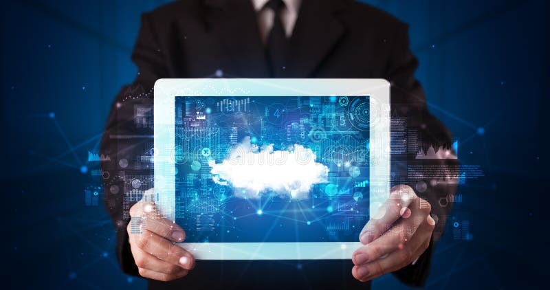 Hand Holding Tablet with Cloud Technology Concept Stock Image - Image ...