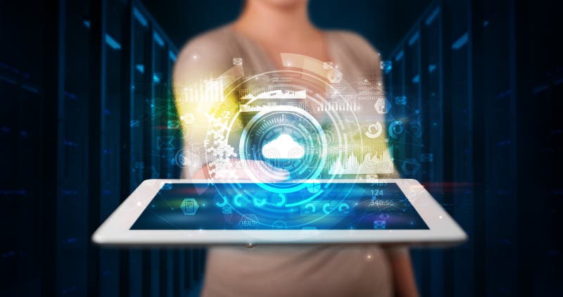 Hand Holding Tablet with Cloud Technology Concept Stock Image - Image ...
