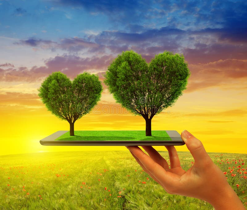 Hand Holding Tablet Computer with Trees in the Shape of Heart Stock ...