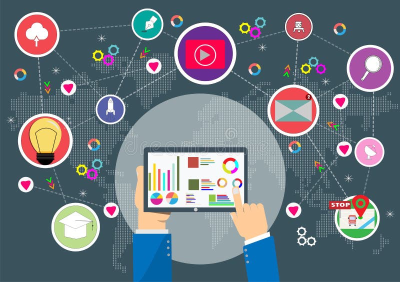 Hand Holding Tablet Device with Internet Icons.he Use Application and ...