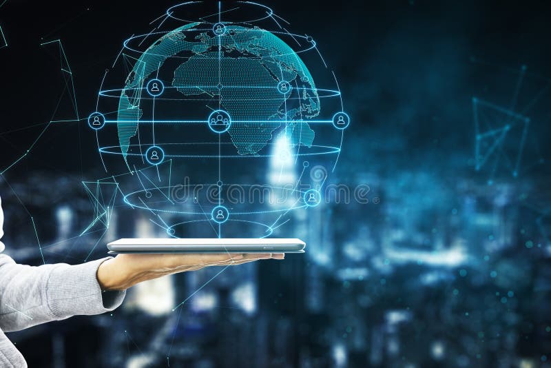 Hand Holding Tablet with Global Social Network Interface and World Map ...