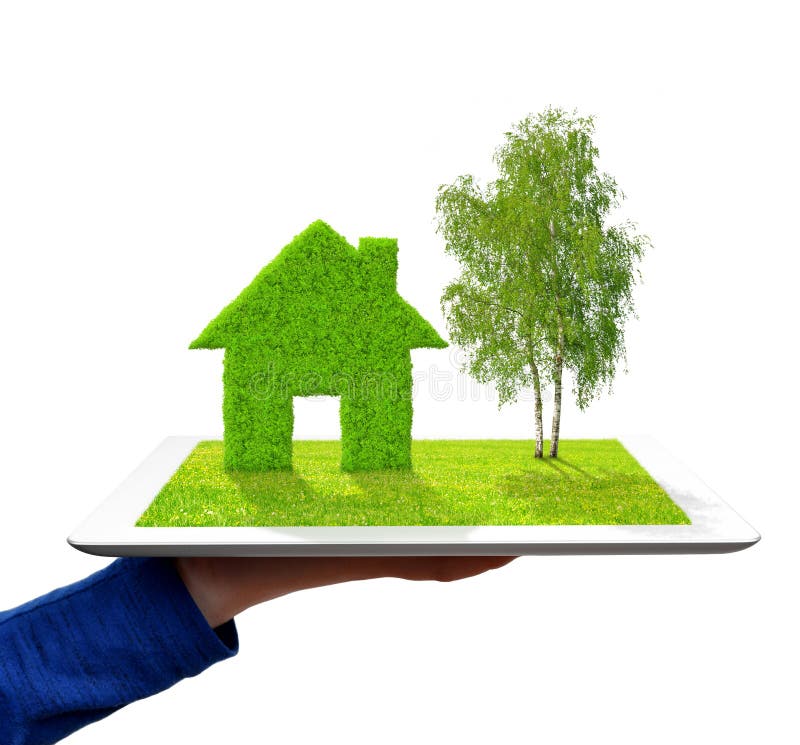 Hand Holding a Tablet with Green House and Tree Stock Photo - Image of ...