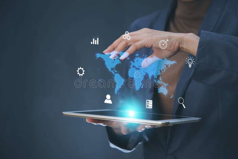 Hand Holding Tablet with Media Icons, Concept of Digital Network Stock ...