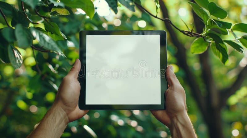 Hand Holding a Tablet Mockup Surrounded by the Tranquility of Nature ...