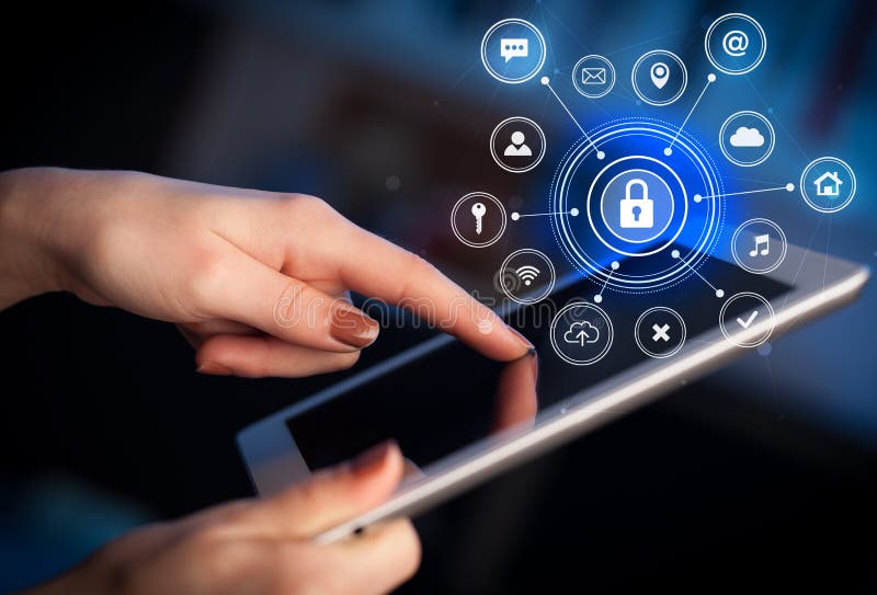 Holding Tablet with Security Concept Stock Photo - Image of marketing ...