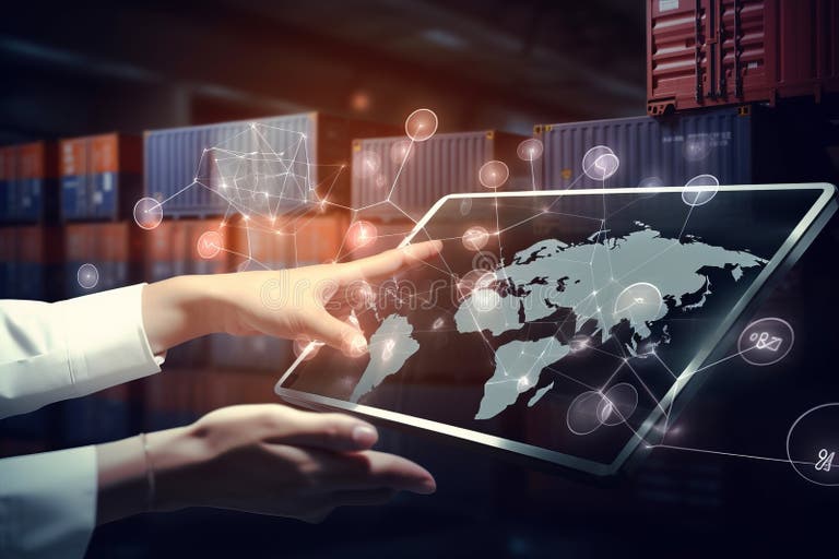 Hand Holding Tablet is Pressing Button Logistics Connection Technology, Logistic Import Export ...