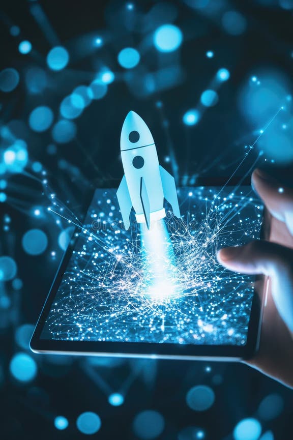 Hand Holding a Tablet with Rocket Launch Stock Image - Image of ...