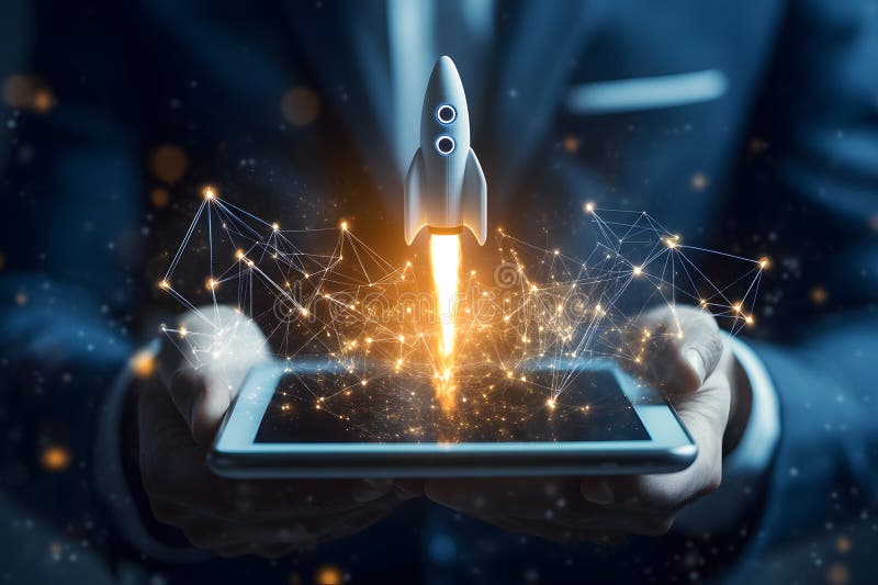 A Hand Holding a Tablet with a Rocket Launching from it Stock ...