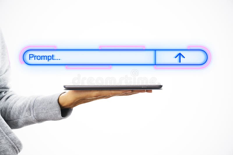 Hand Holding a Tablet with a Search Bar Floating Above it on a White ...