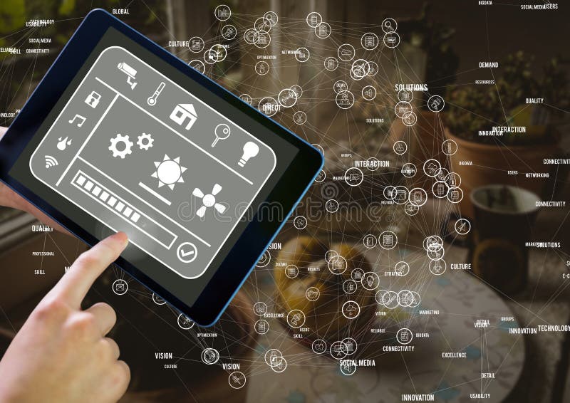 Hand Holding Tablet with Smart Home Interface and Connectors Stock ...